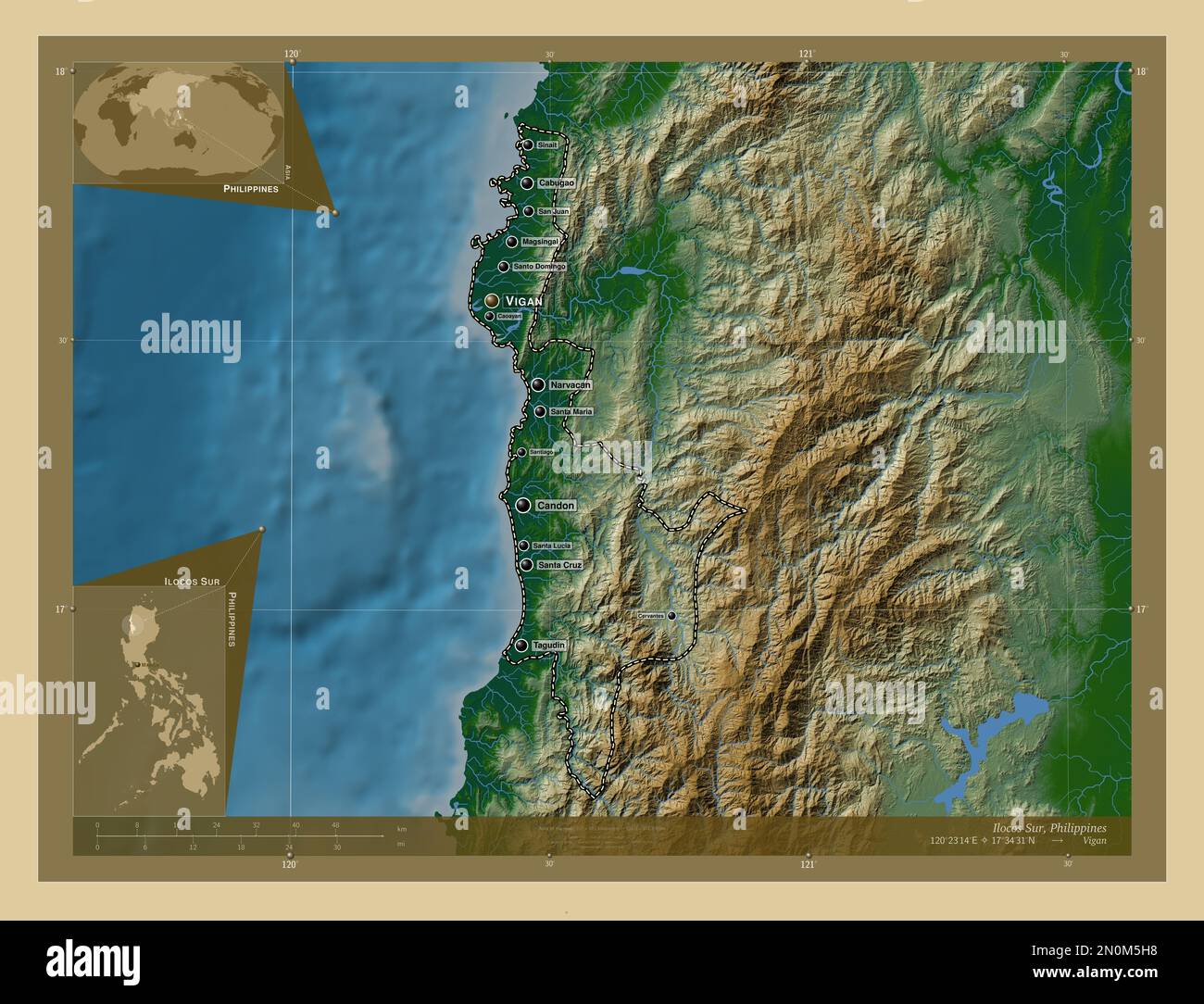 Ilocos Sur, province of Philippines. Colored elevation map with lakes ...