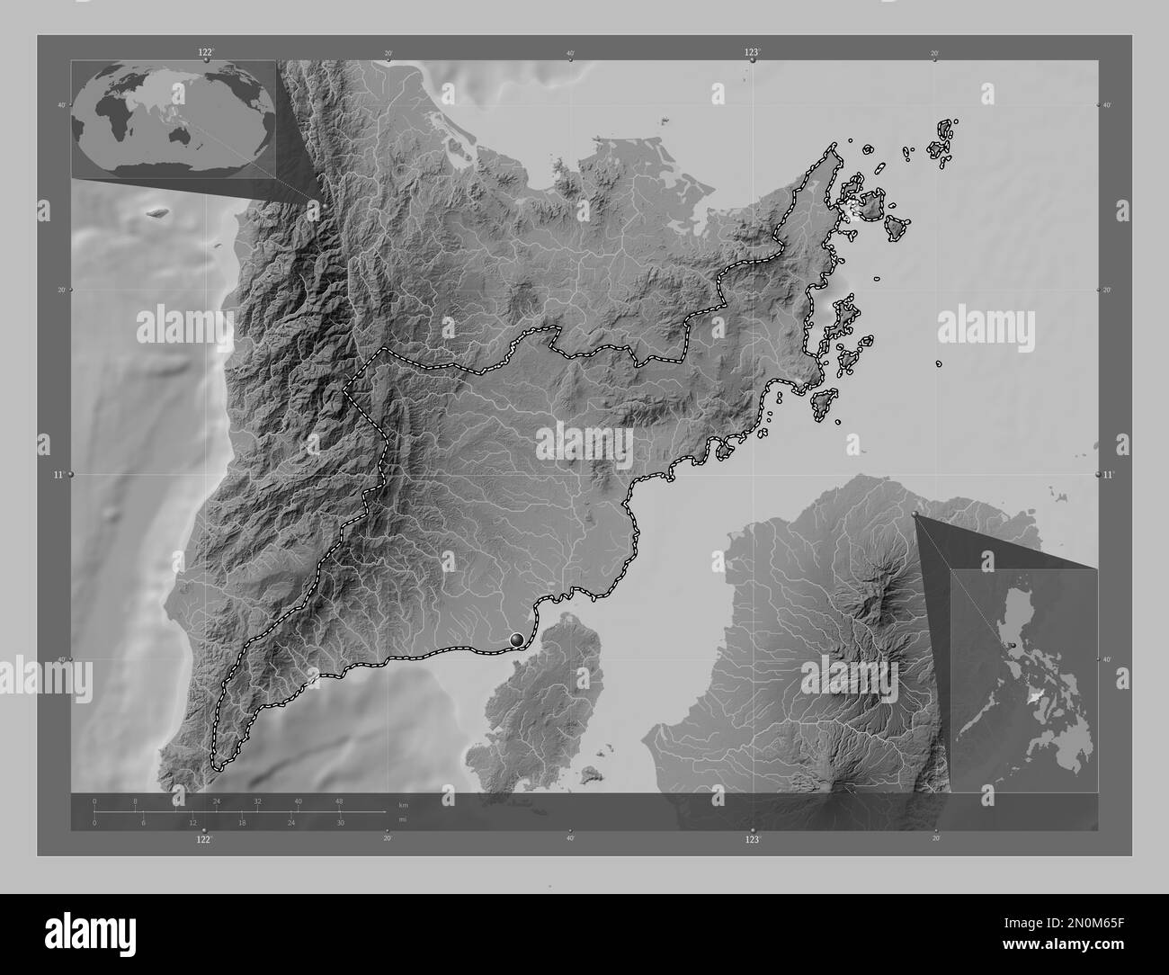 Iloilo, province of Philippines. Grayscale elevation map with lakes and ...