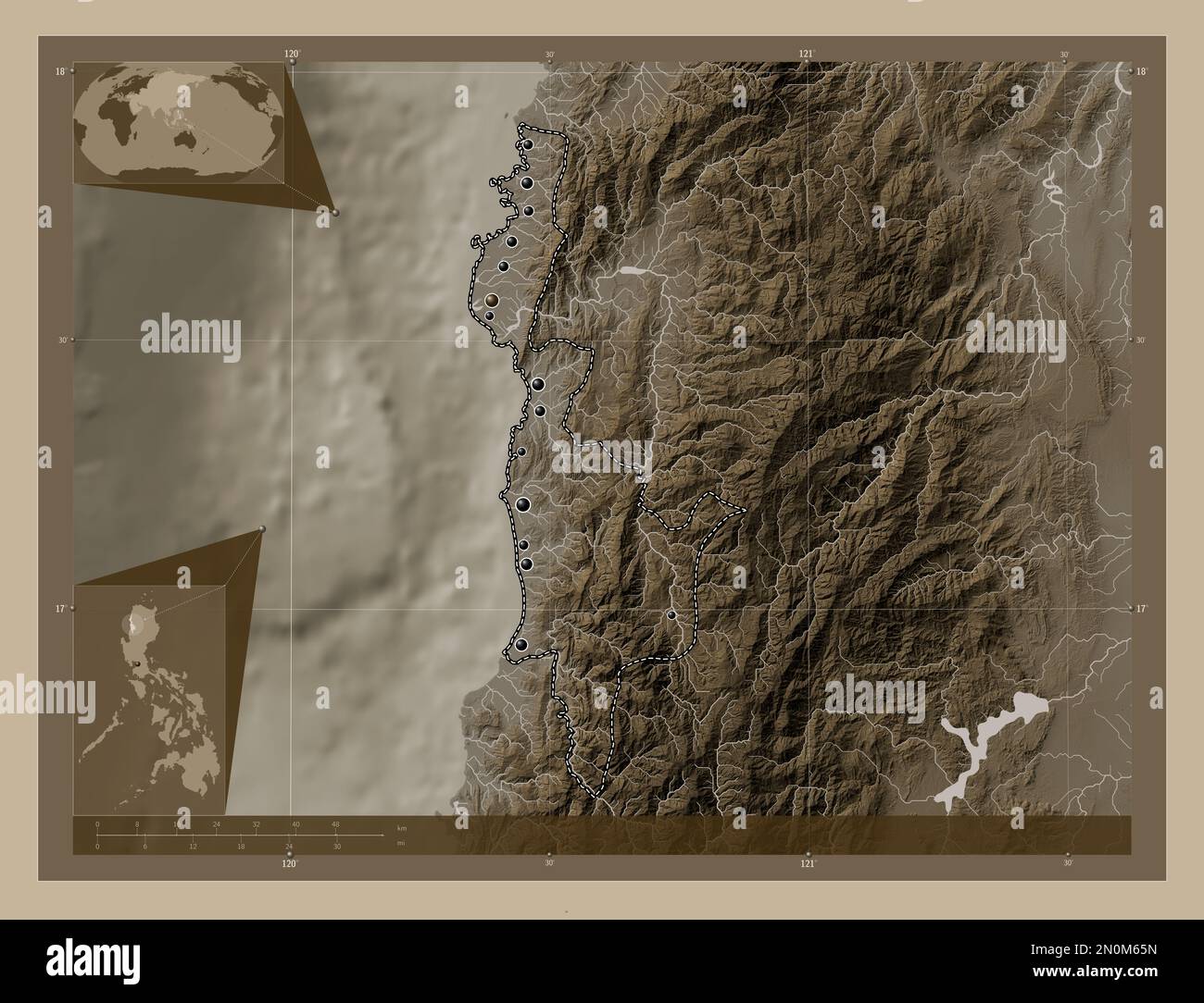 Ilocos Sur, province of Philippines. Elevation map colored in sepia ...