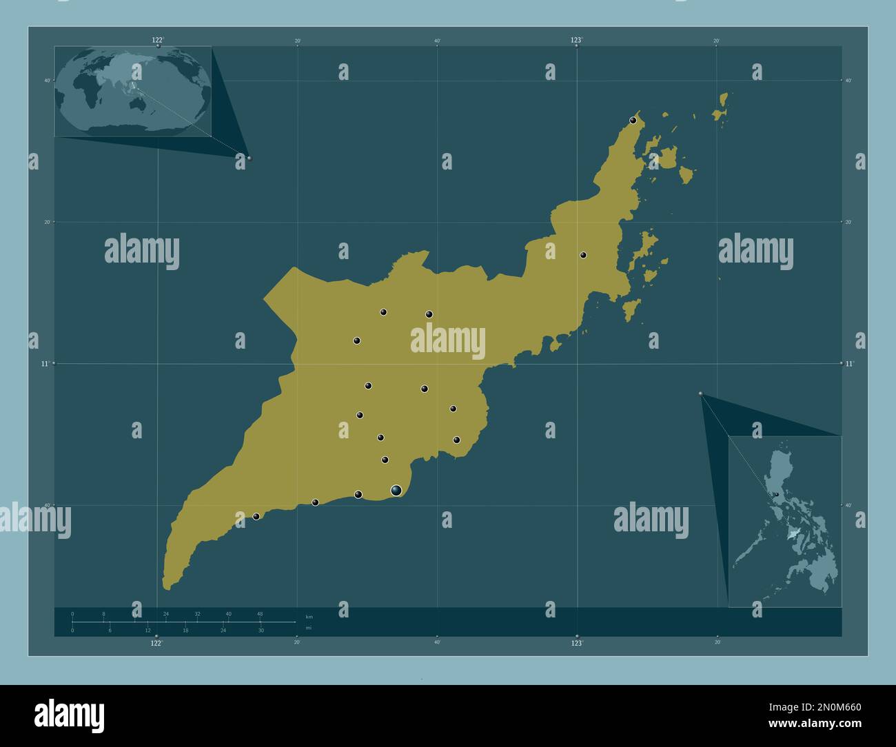 Iloilo, province of Philippines. Solid color shape. Locations of major ...
