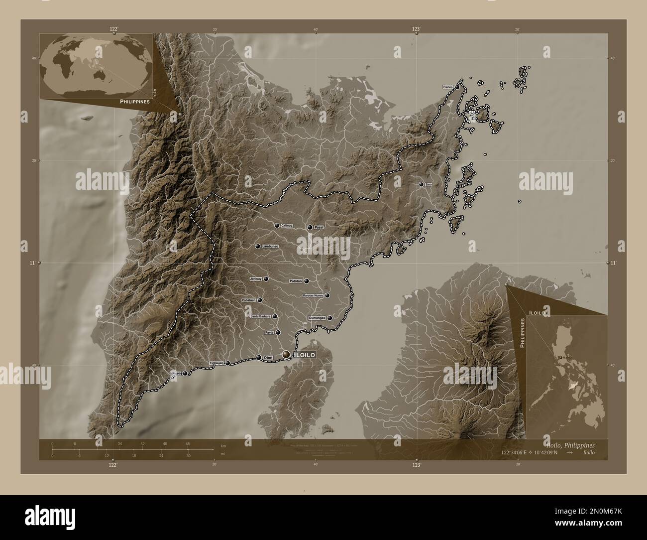 Iloilo, province of Philippines. Elevation map colored in sepia tones ...