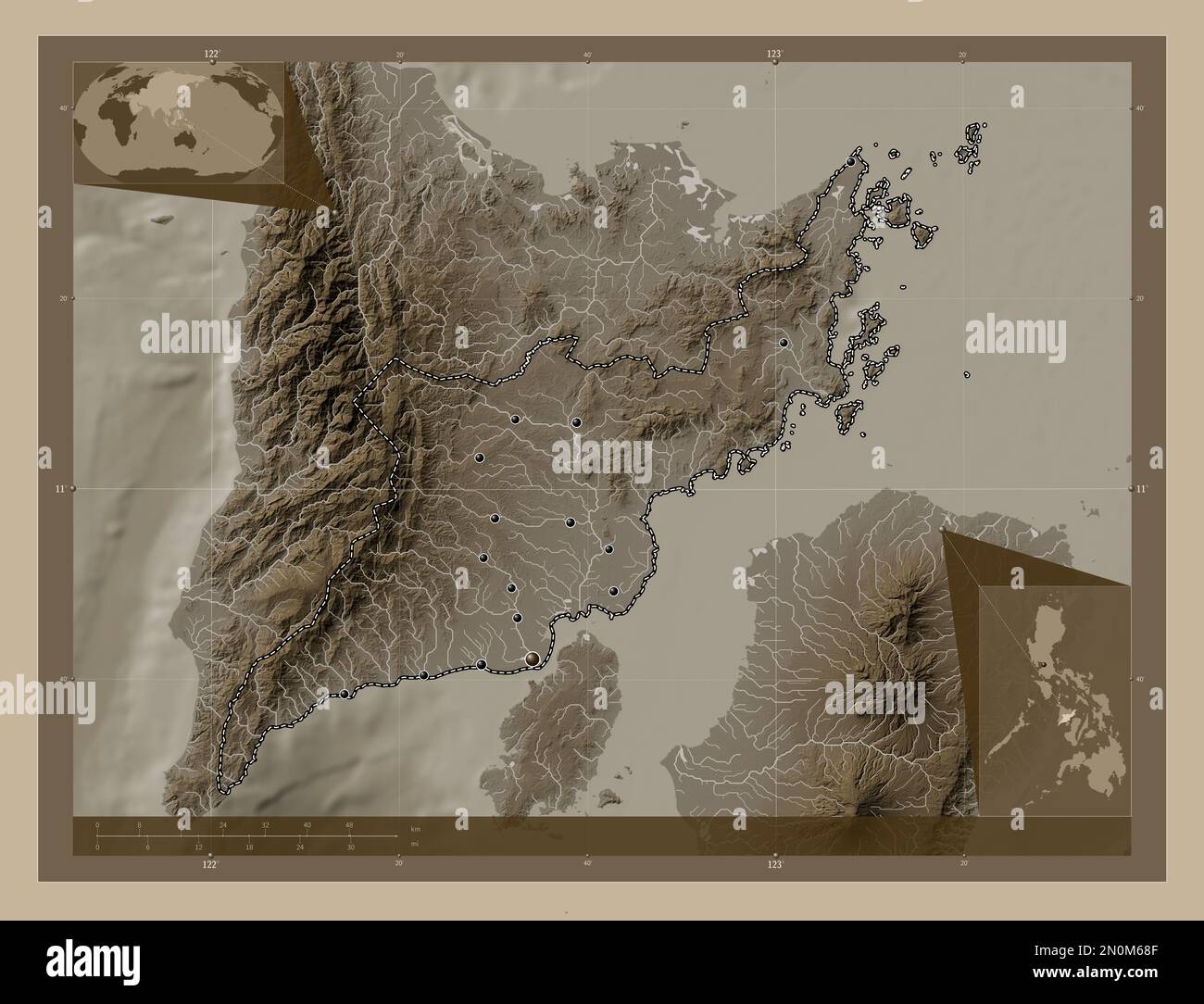 Iloilo, province of Philippines. Elevation map colored in sepia tones ...