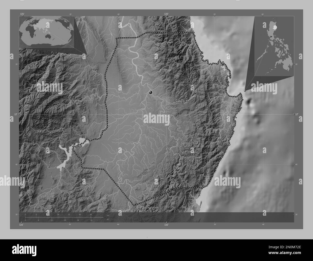 Isabela, province of Philippines. Grayscale elevation map with lakes ...