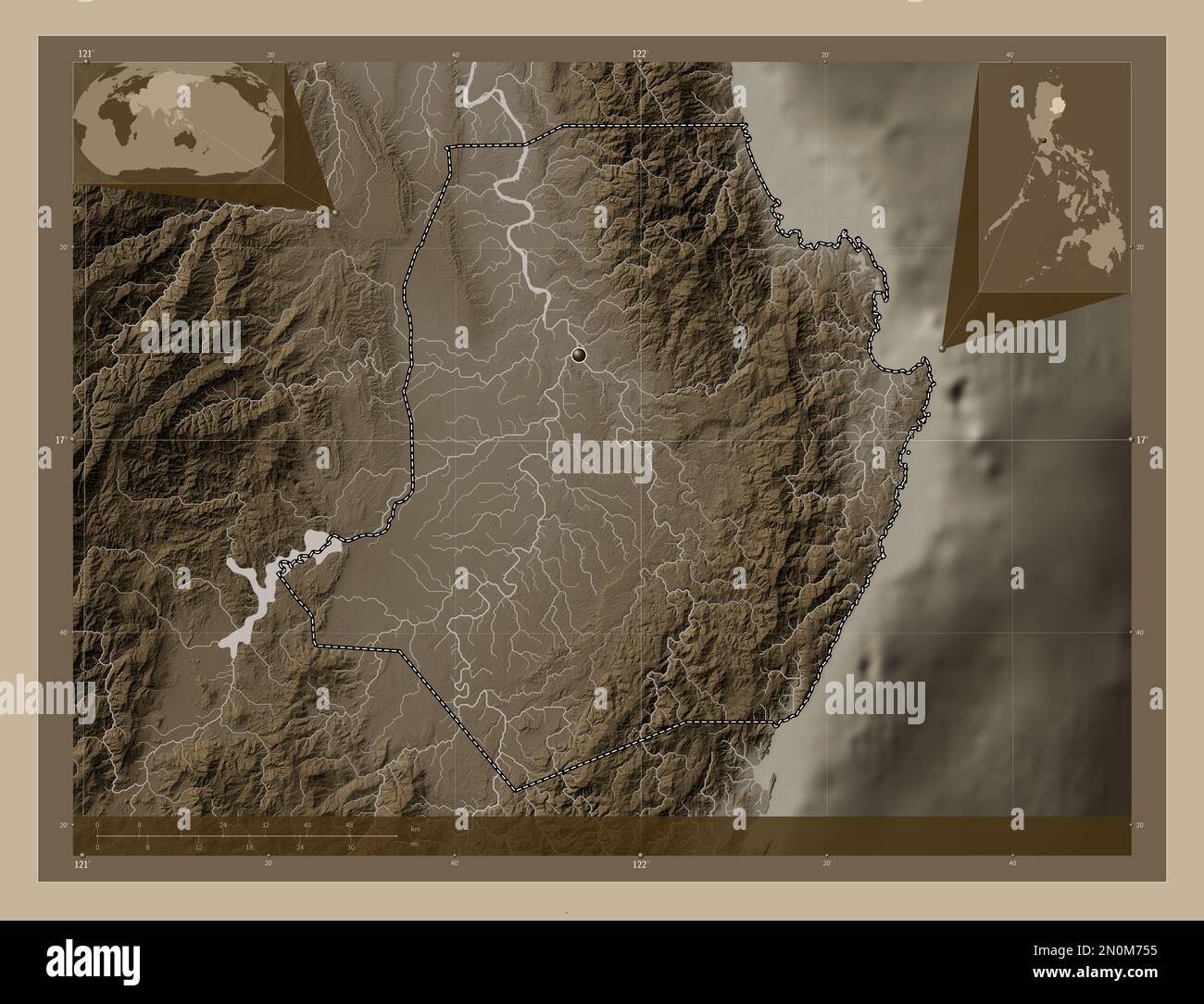 Isabela, province of Philippines. Elevation map colored in sepia tones ...