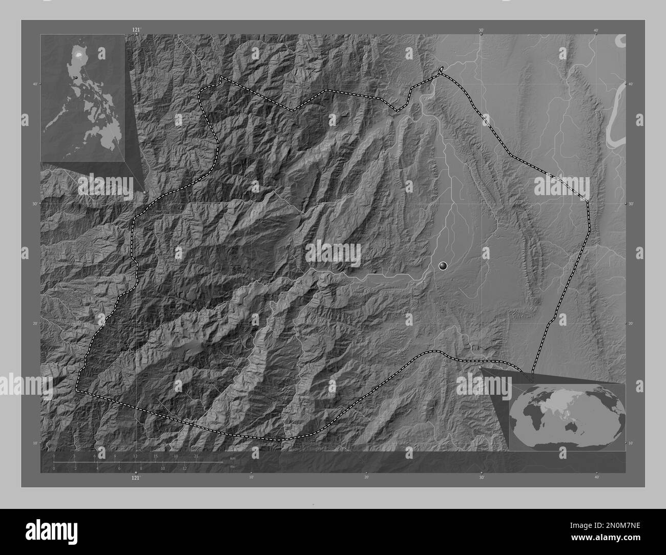 Kalinga, province of Philippines. Grayscale elevation map with lakes ...