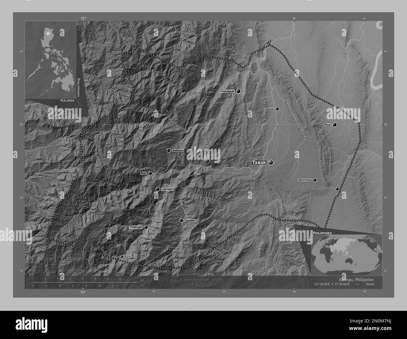 Kalinga, province of Philippines. Grayscale elevation map with lakes ...