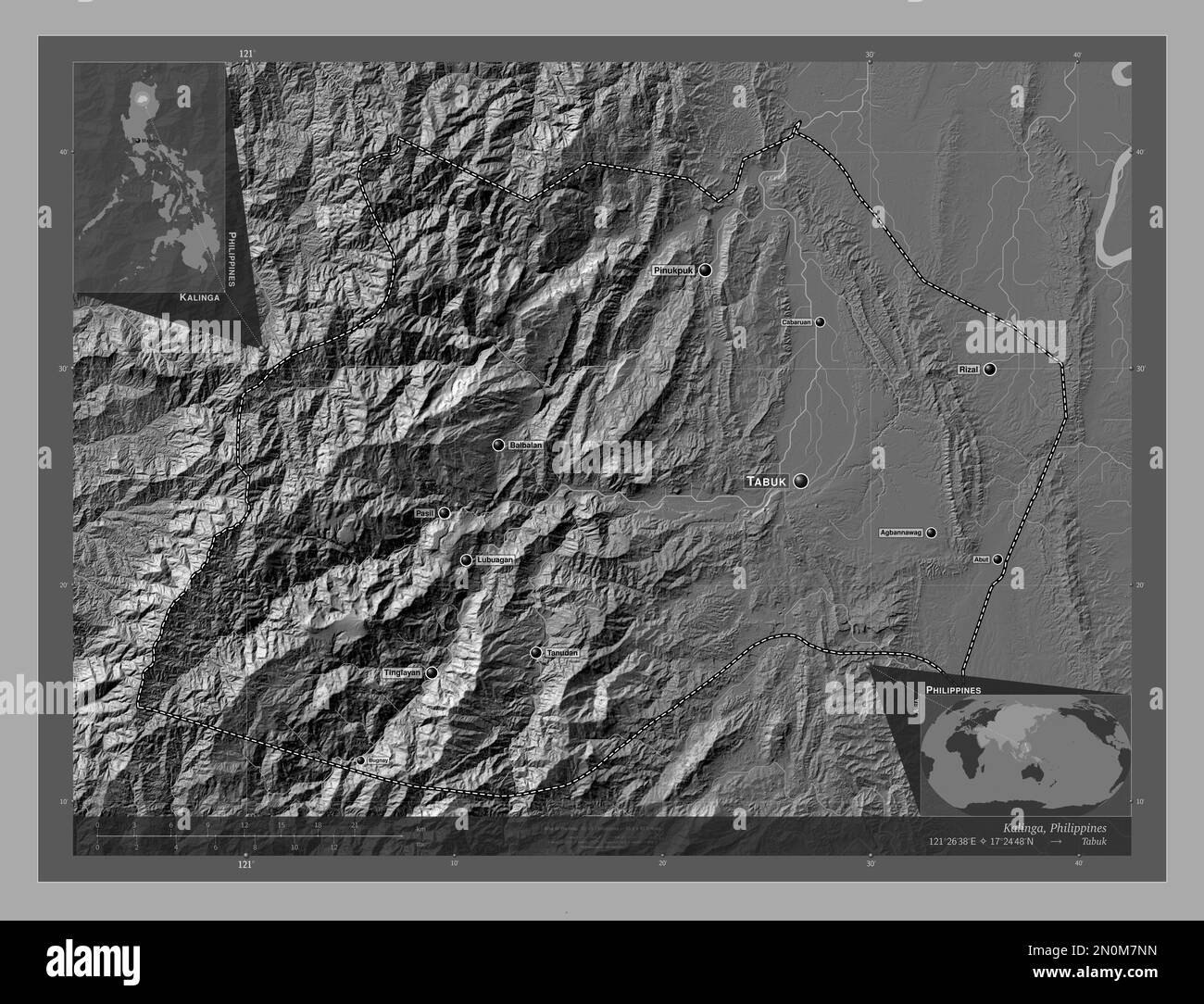 Kalinga, province of Philippines. Bilevel elevation map with lakes and ...