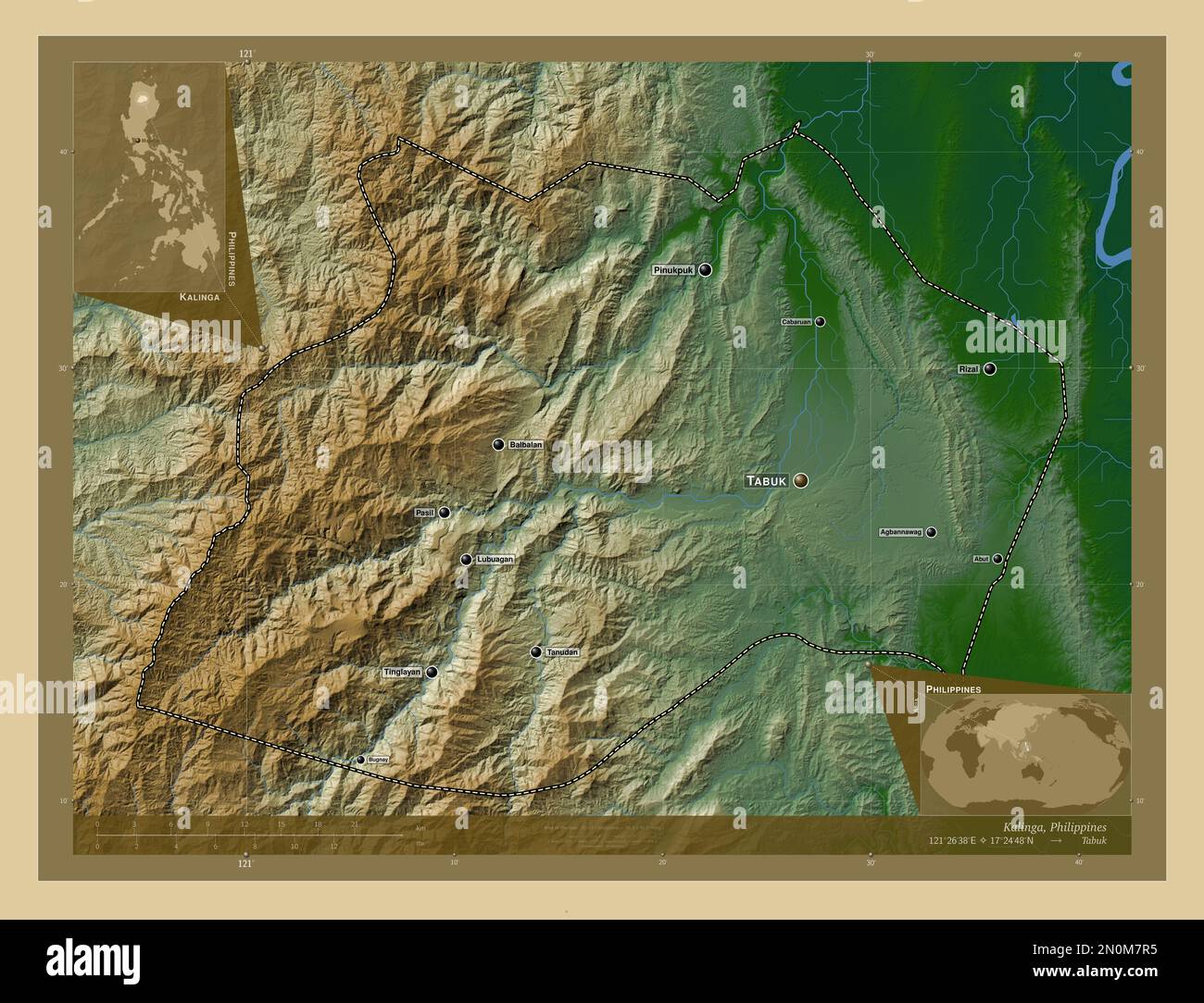 Kalinga, province of Philippines. Colored elevation map with lakes and ...