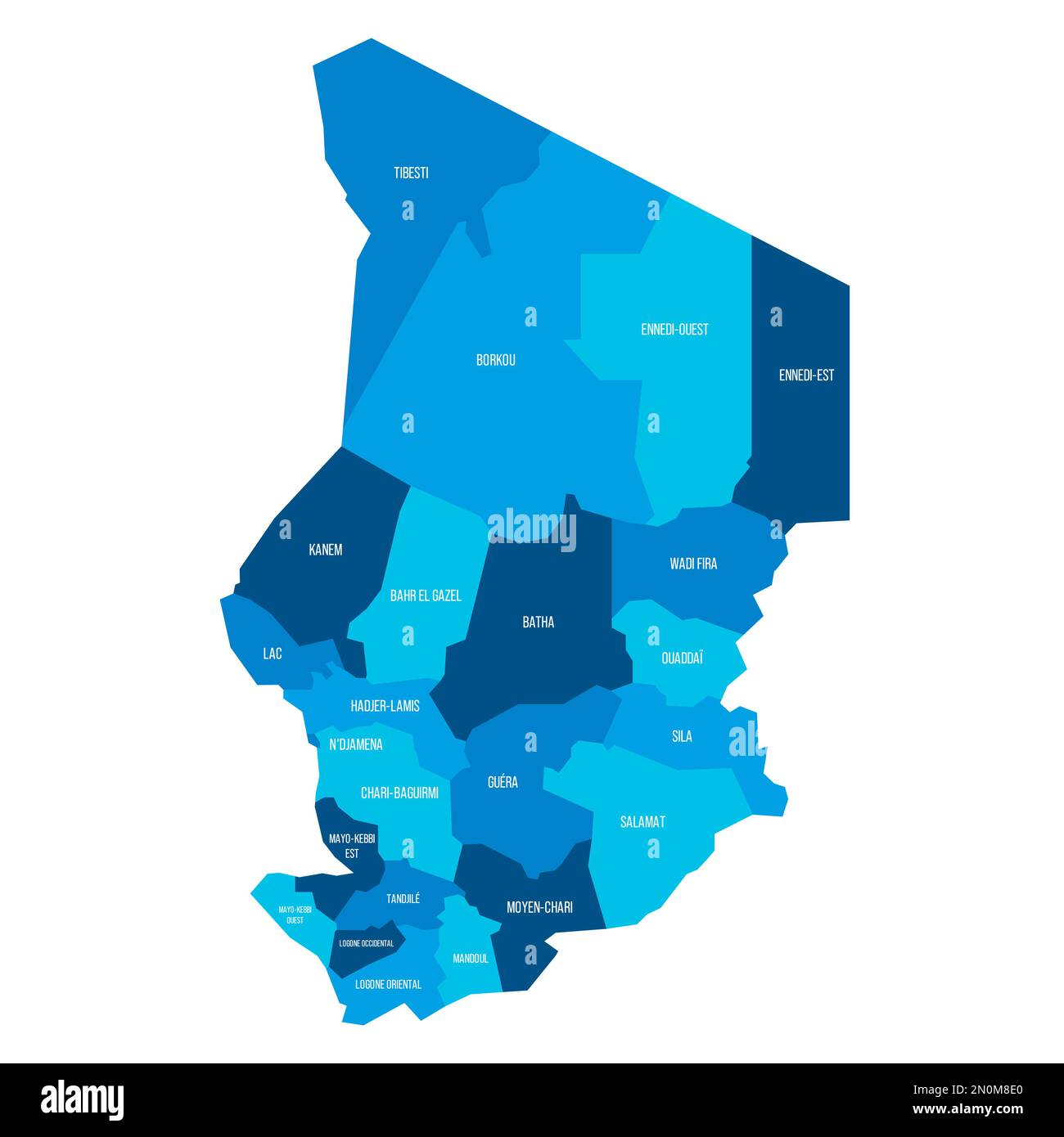Chad political map of administrative divisions - regions. Flat blue ...