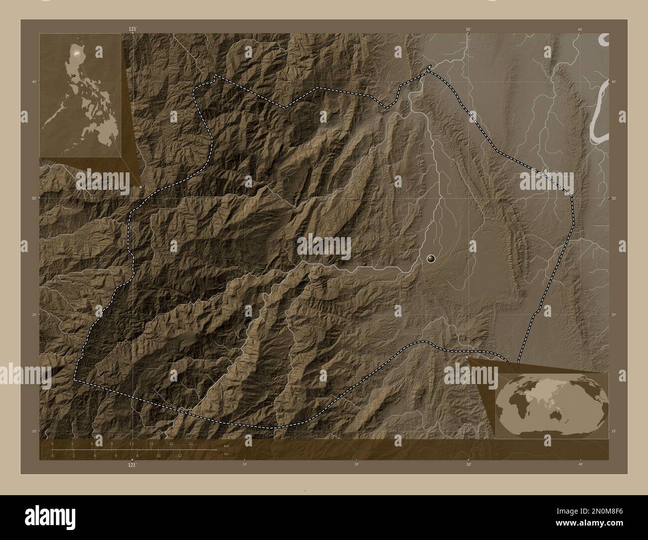 Kalinga, province of Philippines. Elevation map colored in sepia tones ...