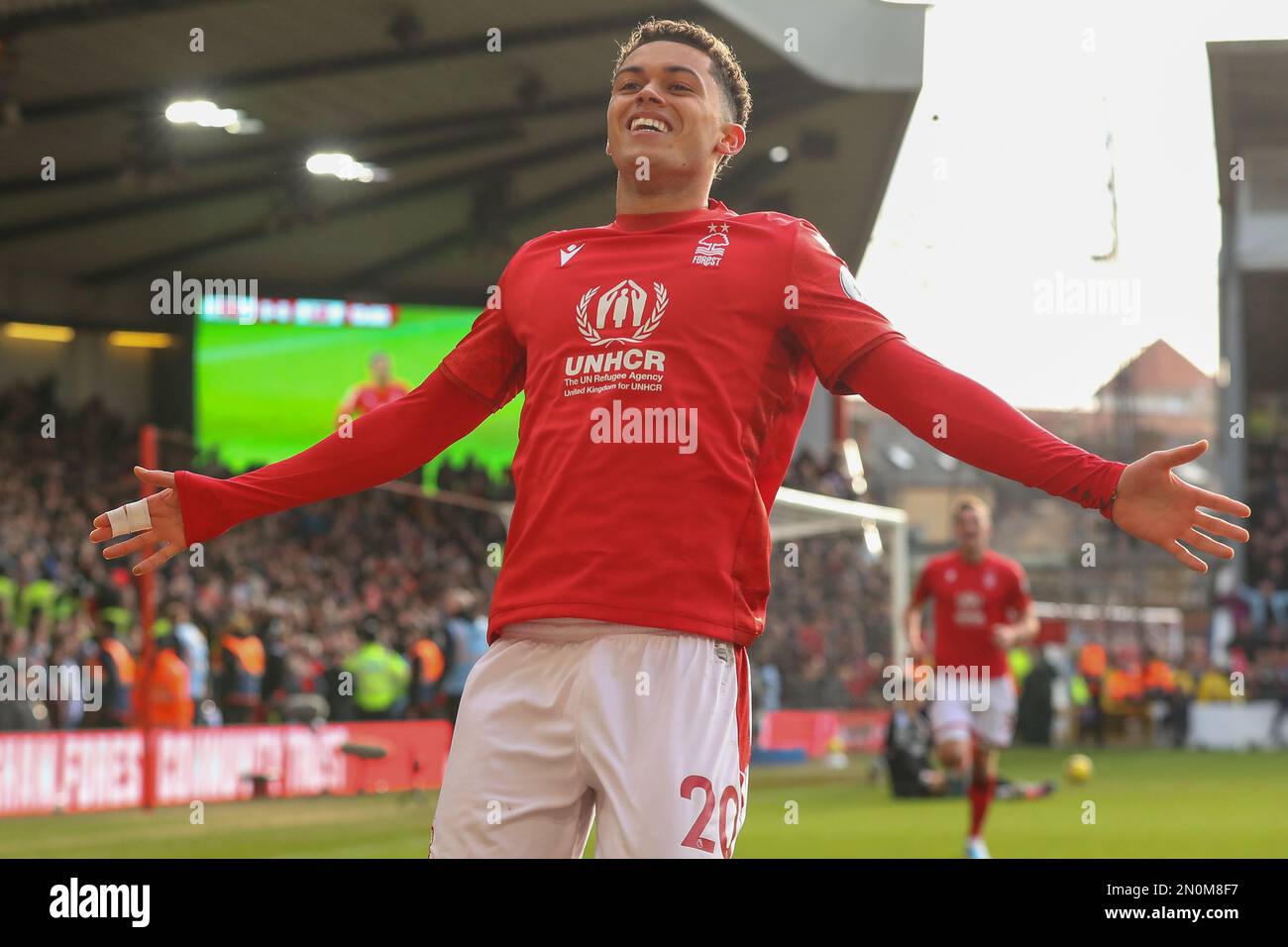 Brennan Johnson #20 of Nottingham Forest celebrates his goal to make it ...