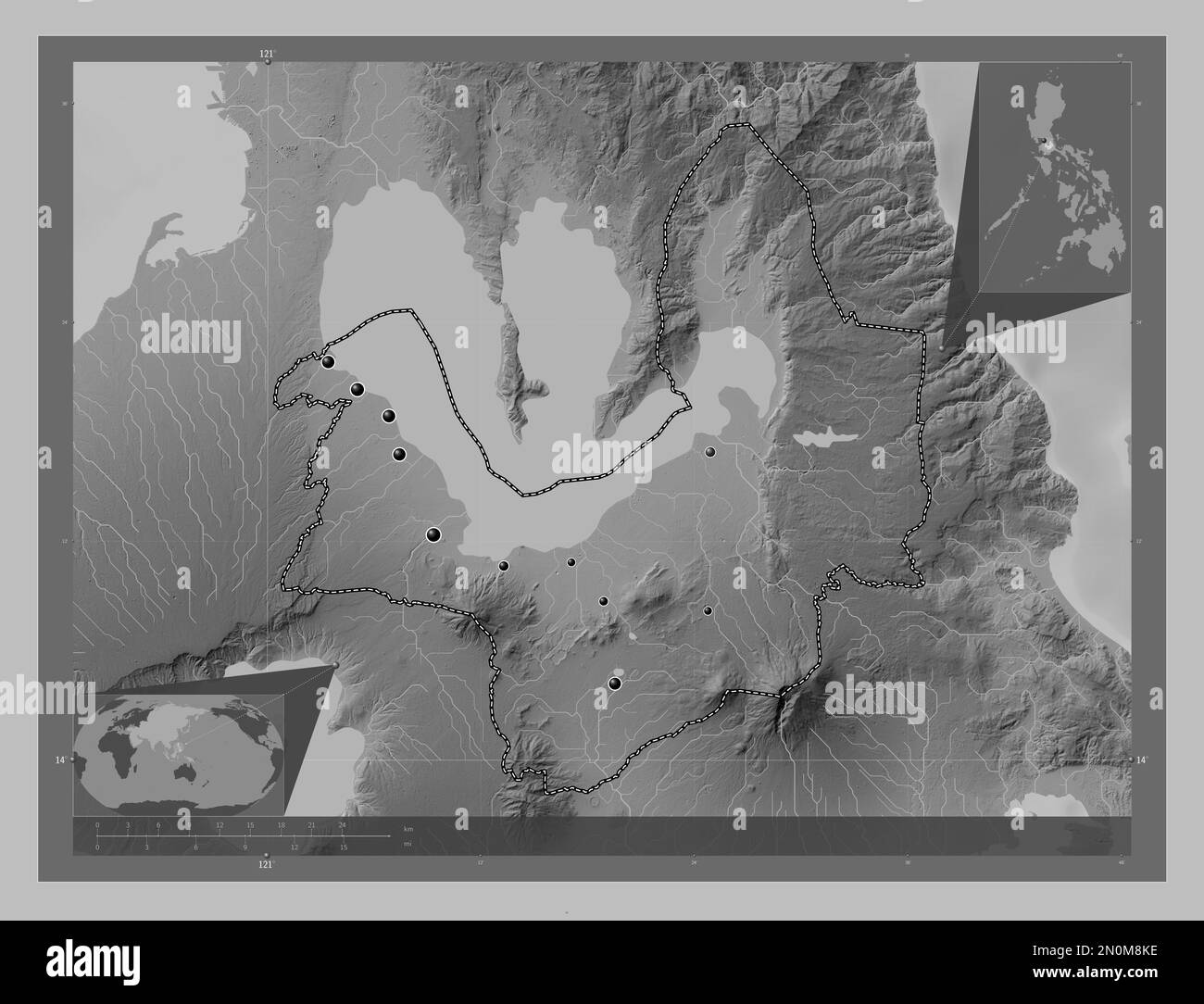 Laguna, province of Philippines. Grayscale elevation map with lakes and ...