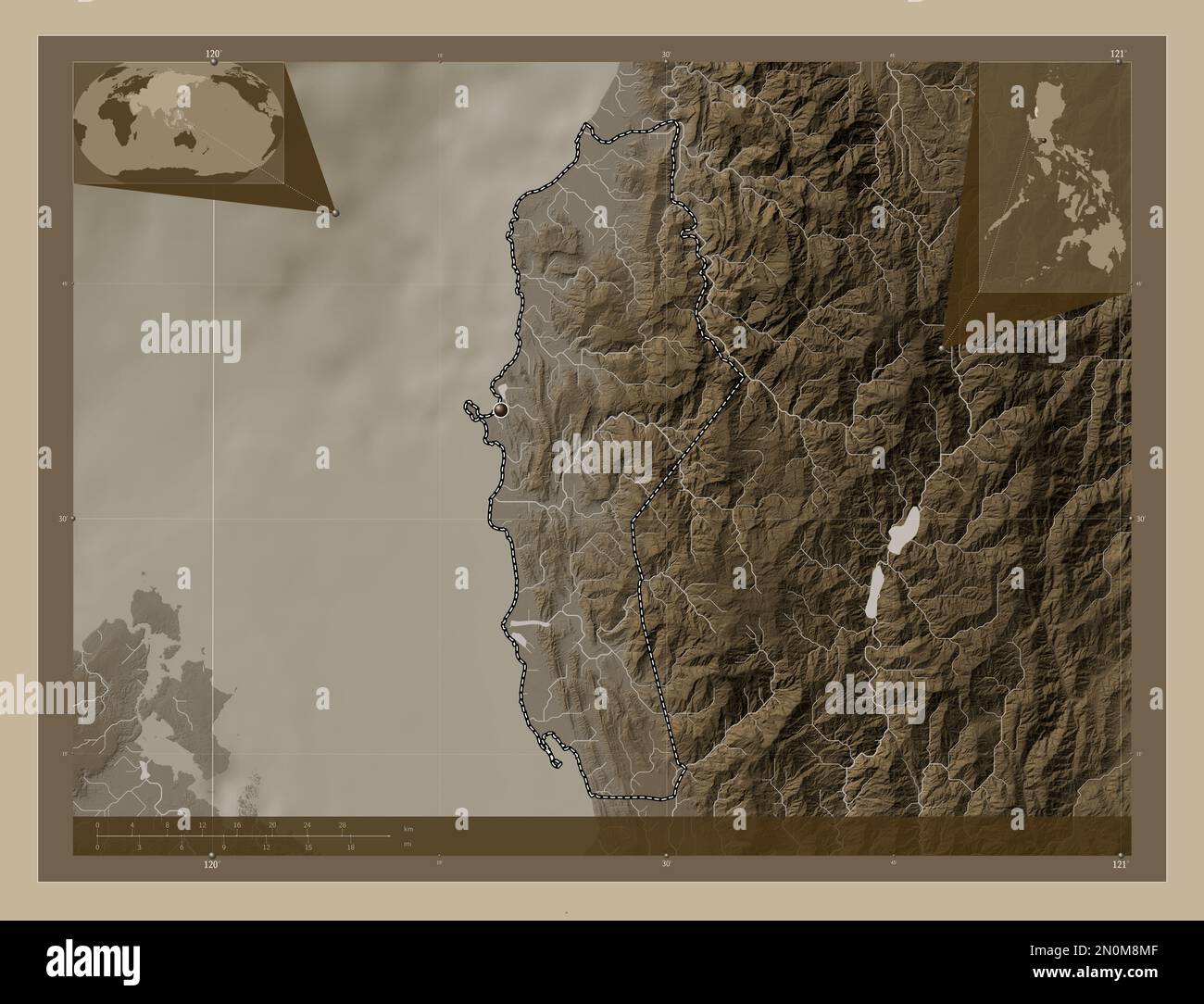 La Union, province of Philippines. Elevation map colored in sepia tones ...