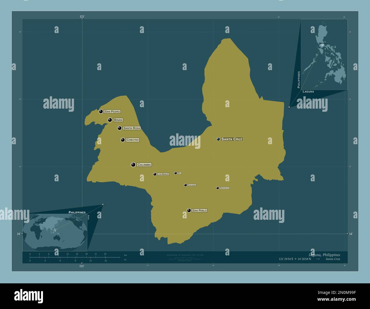 Laguna, province of Philippines. Solid color shape. Locations and names ...