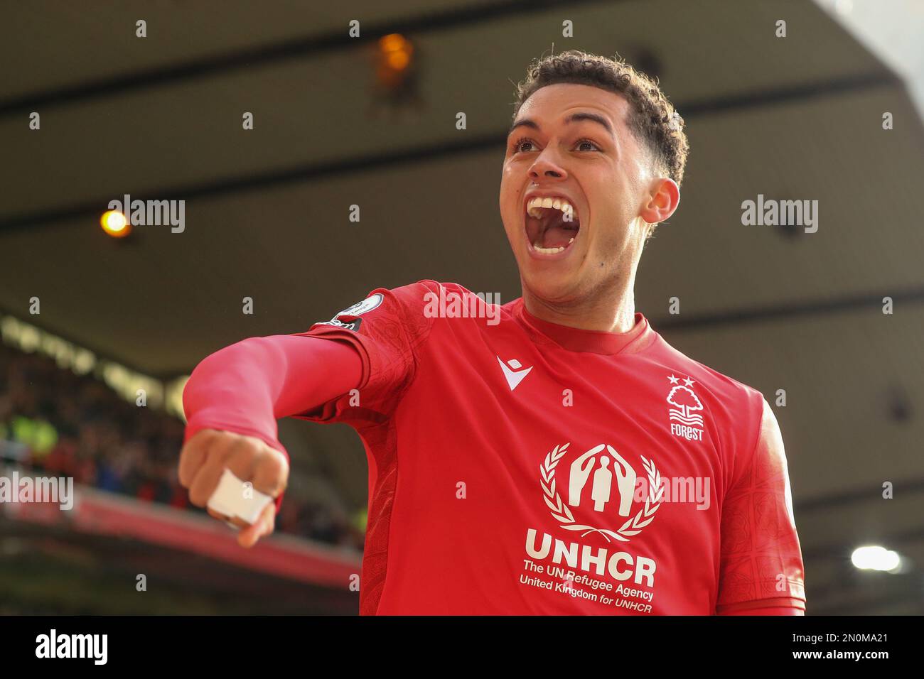 Brennan Johnson #20 of Nottingham Forest celebrates his goal to make it ...