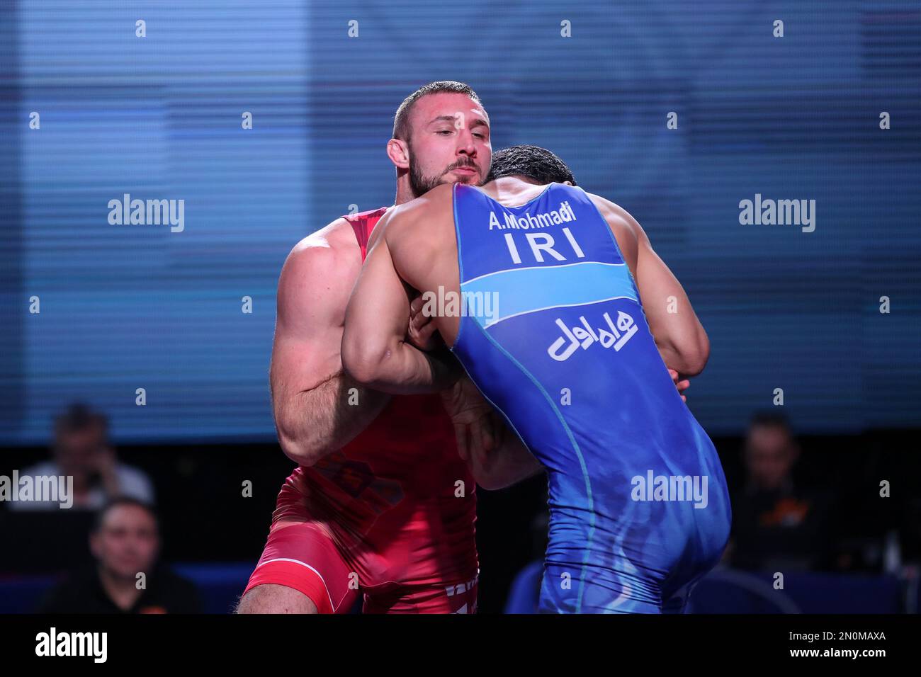 ZAGREB, CROATIA - FEBRUARY 05: Filip Sacic of Croatia (red) competes ...