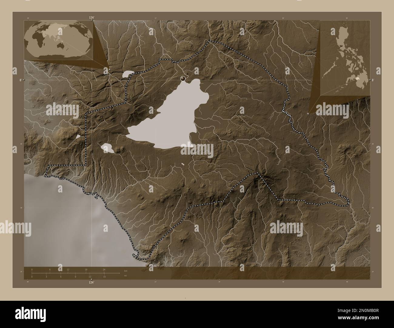 Lanao del Sur, province of Philippines. Elevation map colored in sepia ...