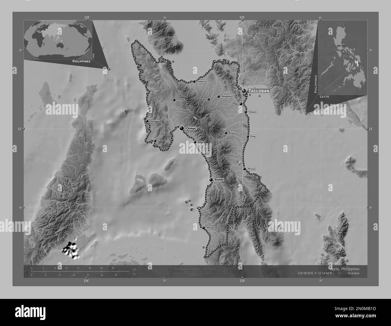 Leyte, province of Philippines. Grayscale elevation map with lakes and ...