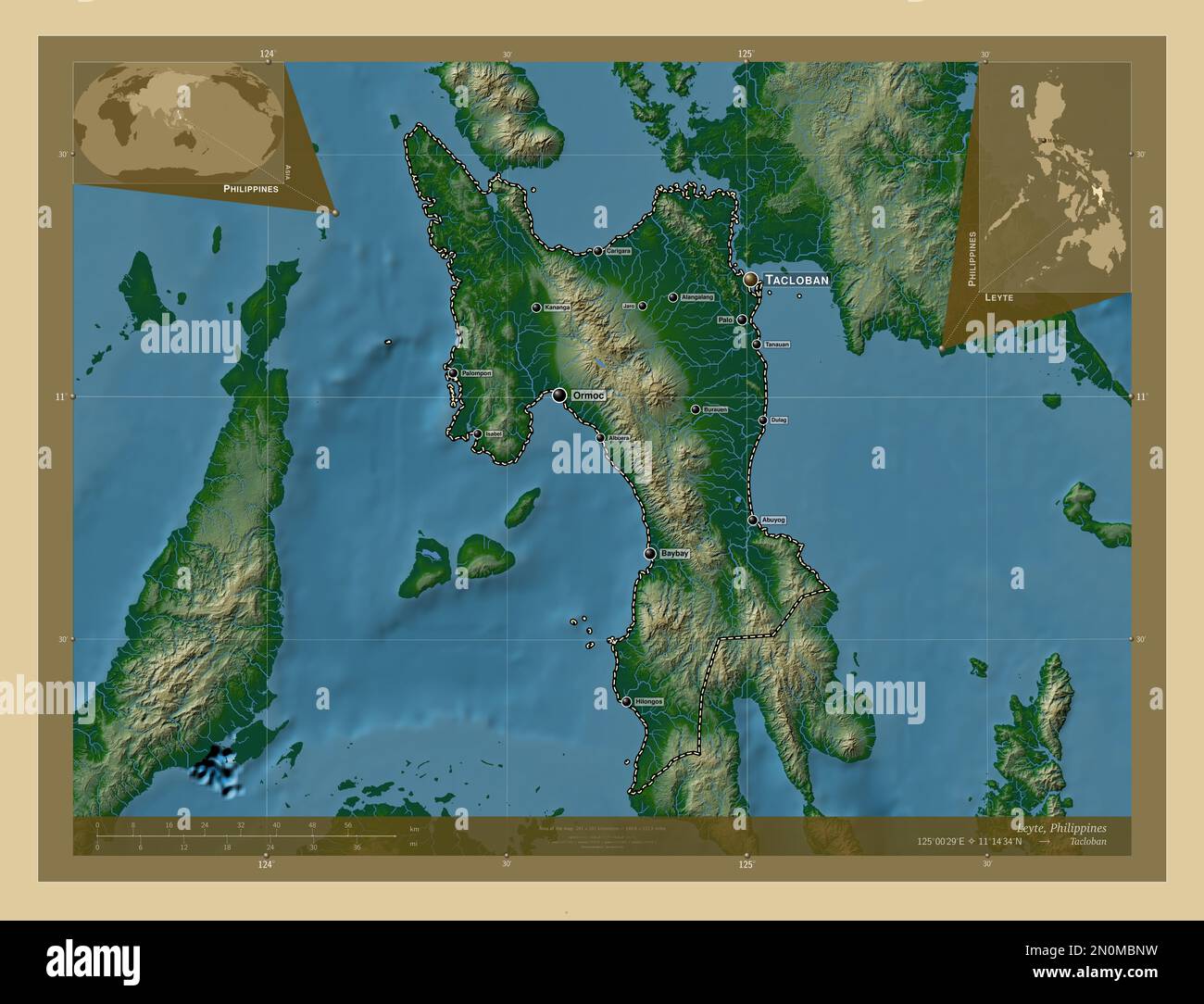 Leyte, province of Philippines. Colored elevation map with lakes and ...