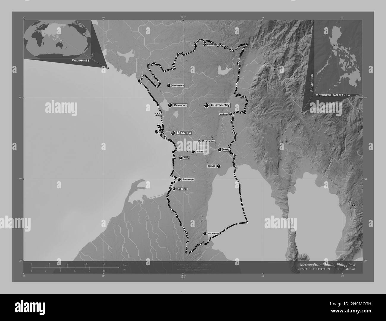 Metropolitan Manila, province of Philippines. Grayscale elevation map ...