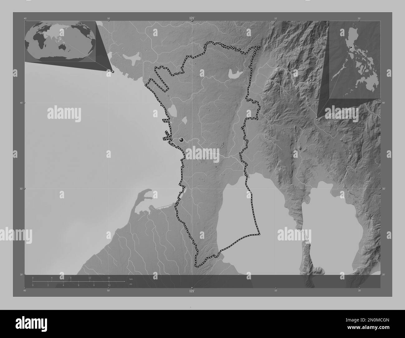 Metropolitan Manila, province of Philippines. Grayscale elevation map ...