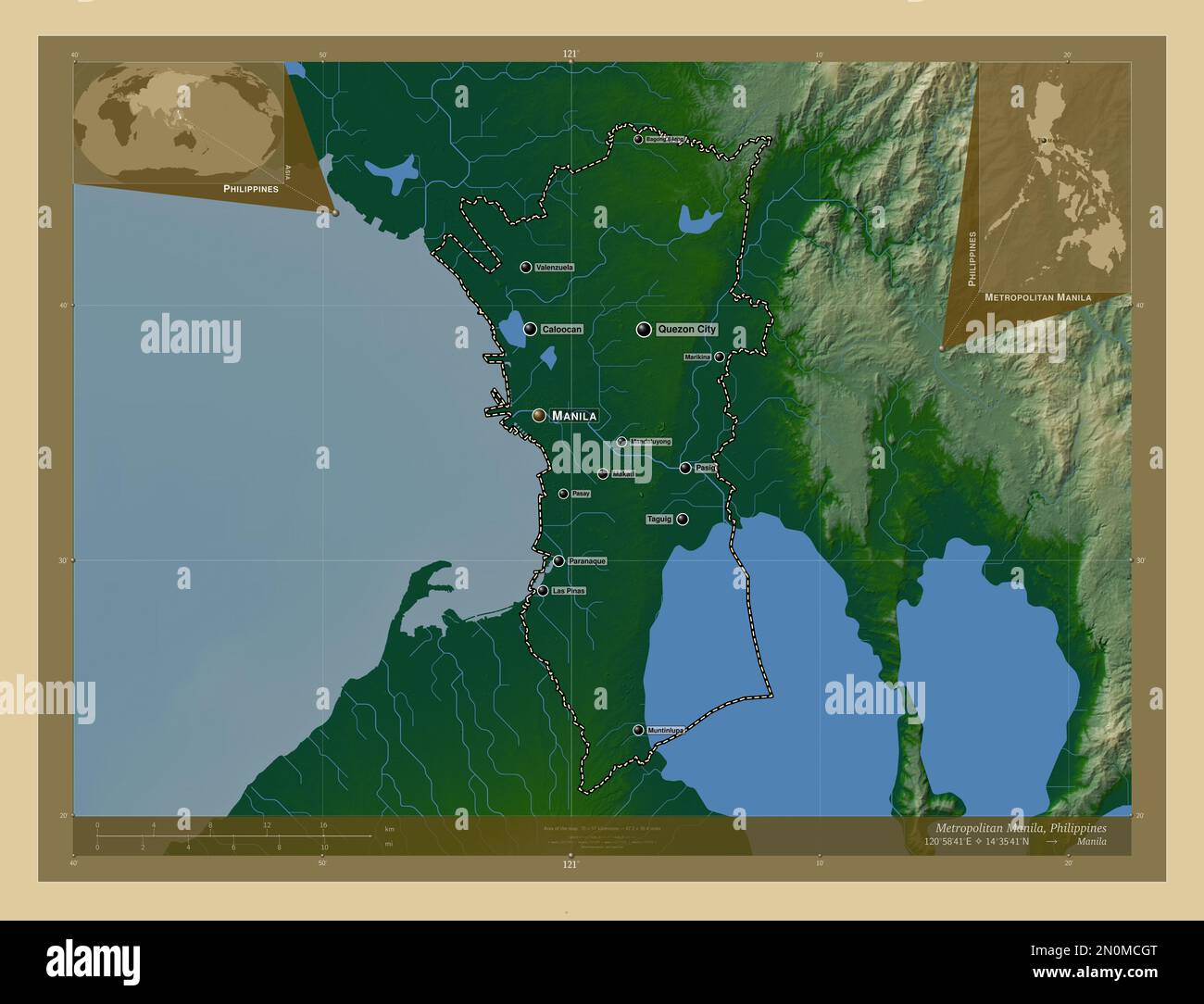 Metropolitan Manila, province of Philippines. Colored elevation map ...
