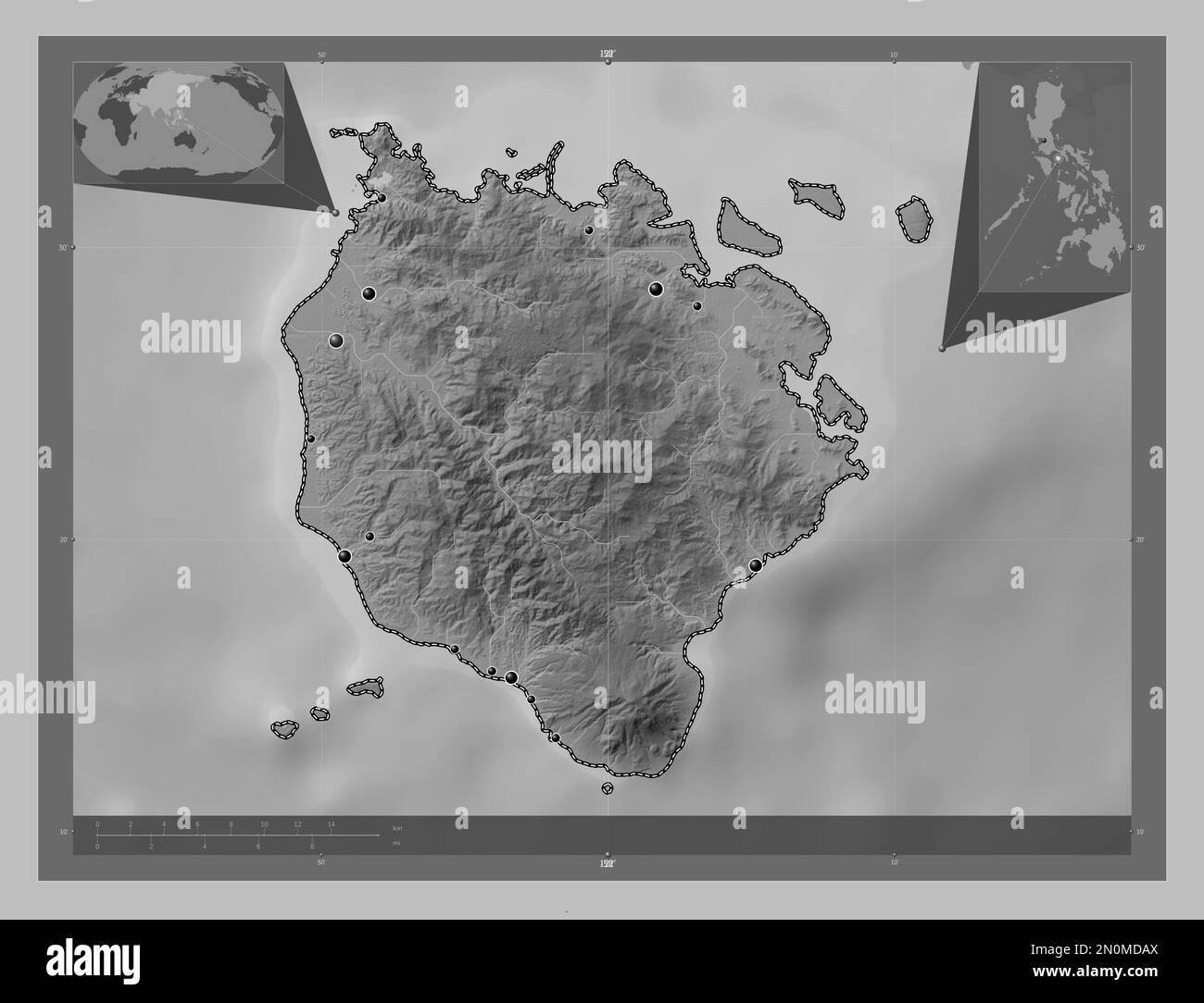 Marinduque, province of Philippines. Grayscale elevation map with lakes ...