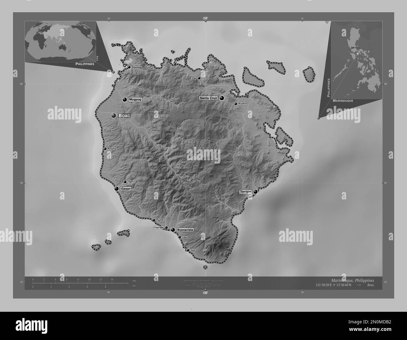 Marinduque, province of Philippines. Grayscale elevation map with lakes ...