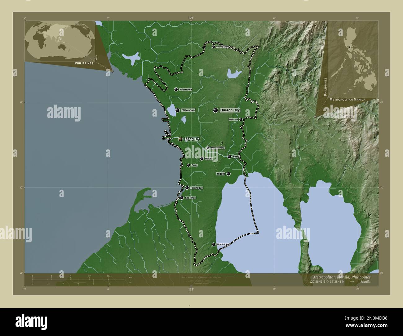 Metropolitan Manila, province of Philippines. Elevation map colored in ...