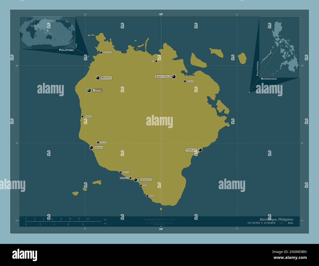 Marinduque, province of Philippines. Solid color shape. Locations and ...
