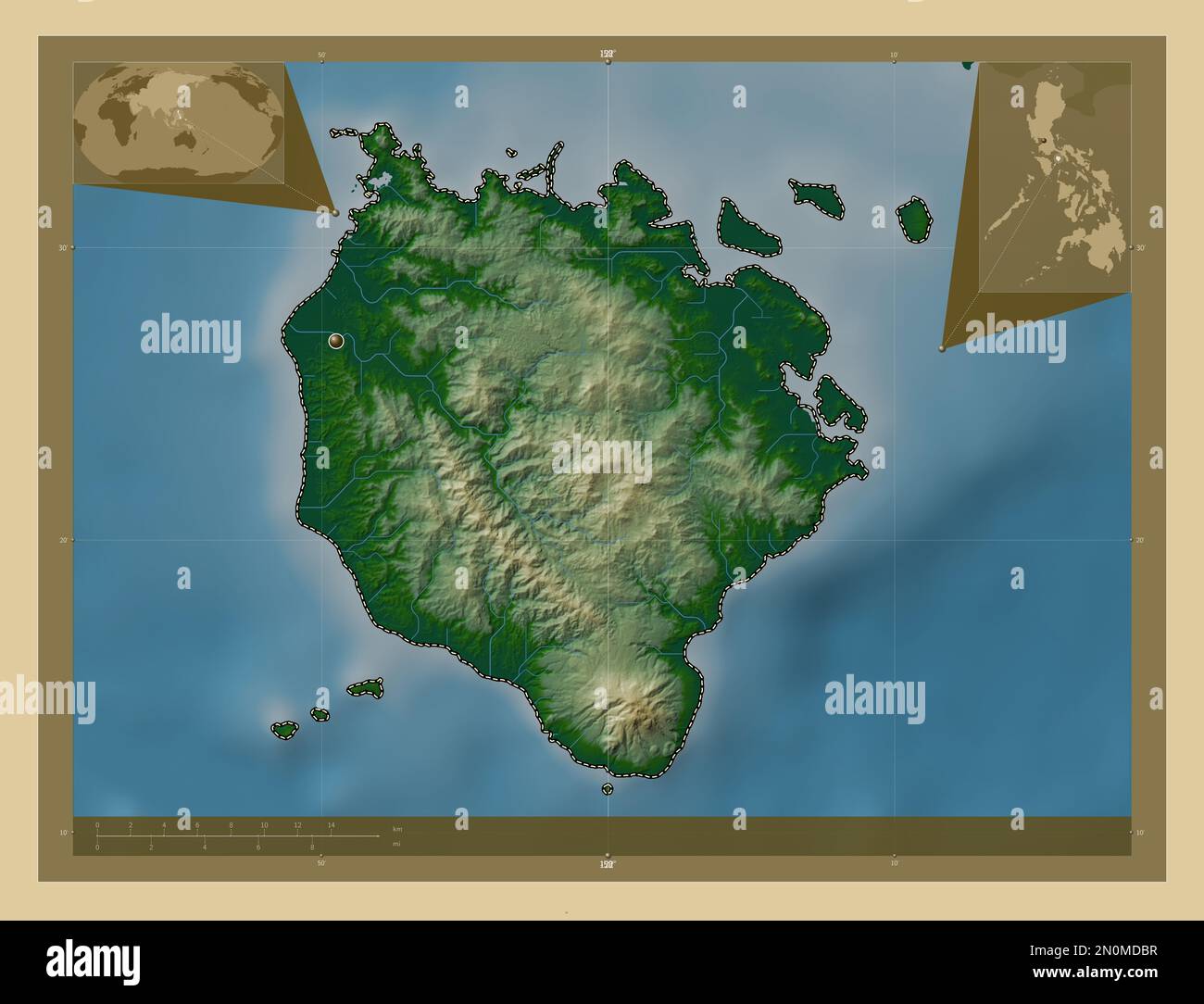Marinduque, province of Philippines. Colored elevation map with lakes ...