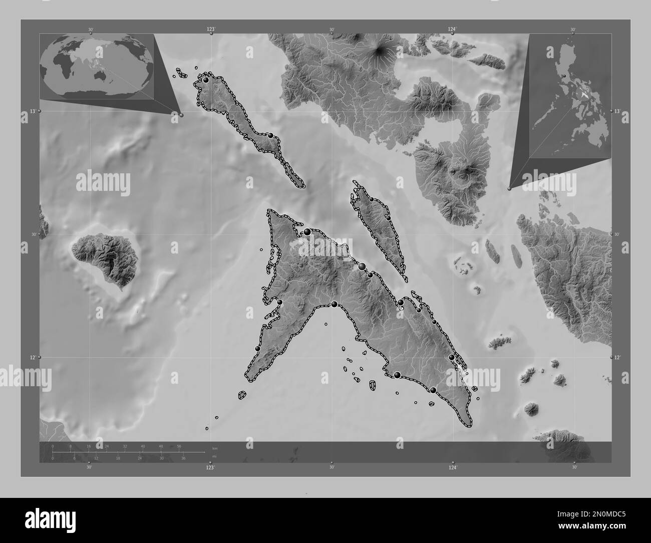 Masbate, province of Philippines. Grayscale elevation map with lakes ...