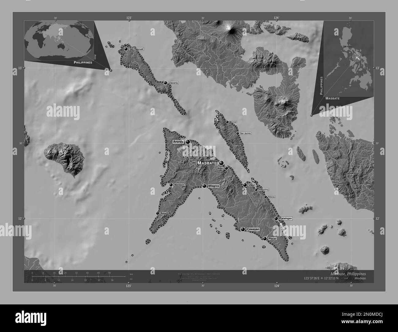 Masbate, province of Philippines. Bilevel elevation map with lakes and ...