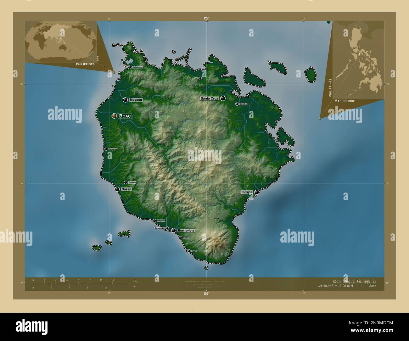 Marinduque, province of Philippines. Colored elevation map with lakes ...