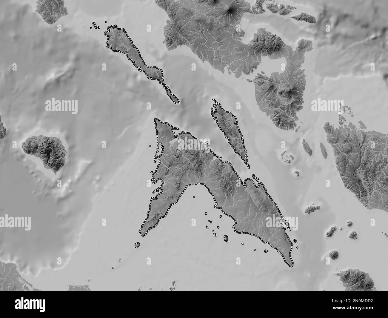 Masbate, province of Philippines. Grayscale elevation map with lakes ...