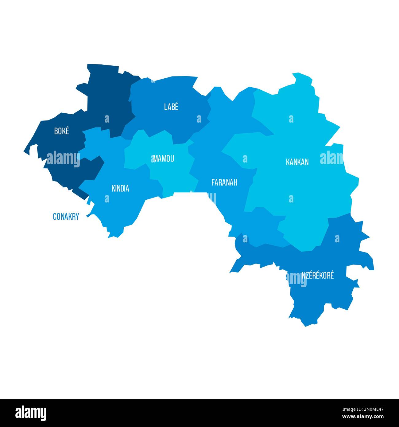Guinea political map of administrative divisions - regions. Flat blue ...