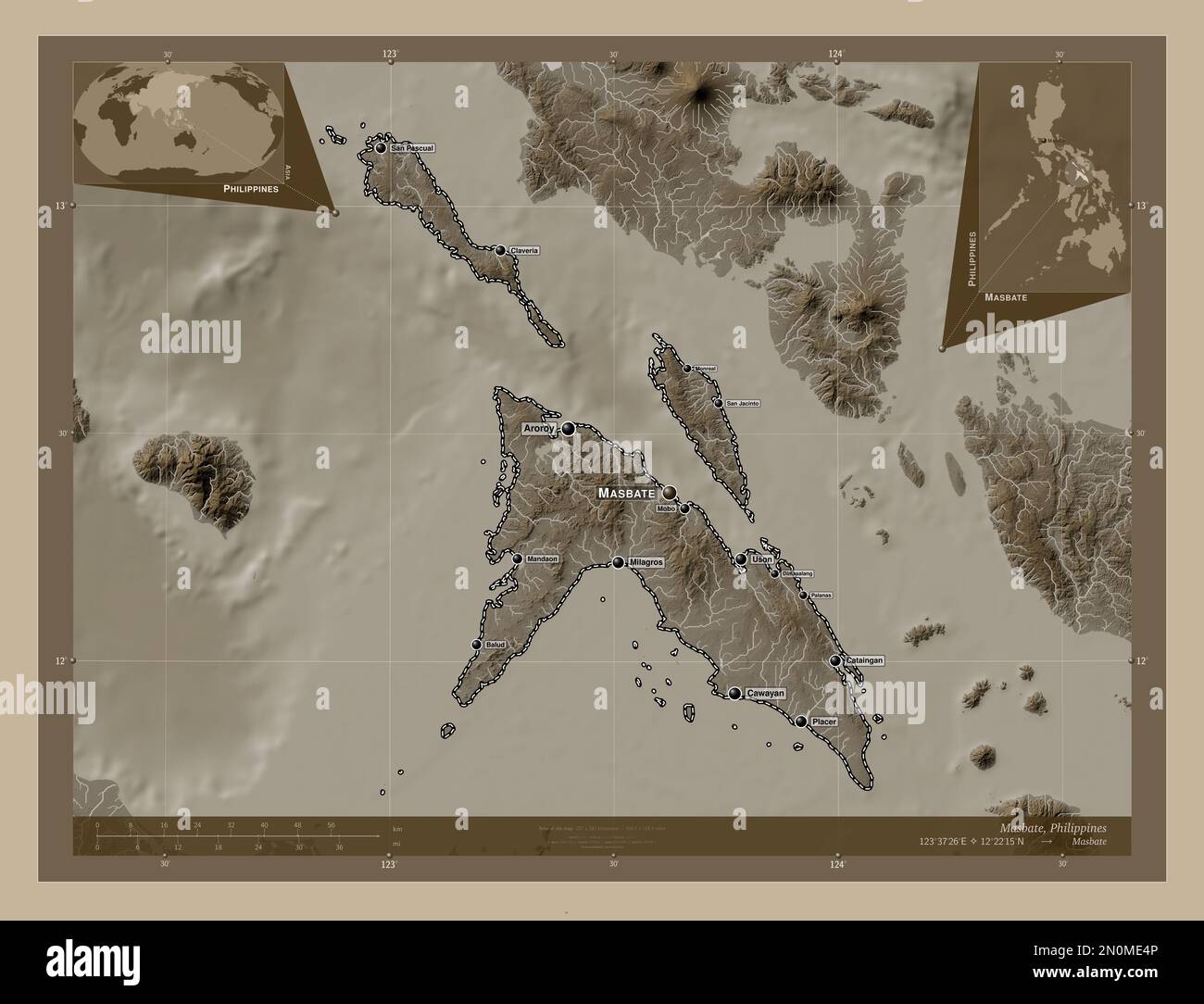 Masbate, province of Philippines. Elevation map colored in sepia tones ...