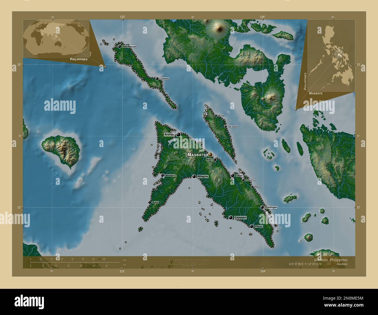 Masbate, province of Philippines. Colored elevation map with lakes and ...