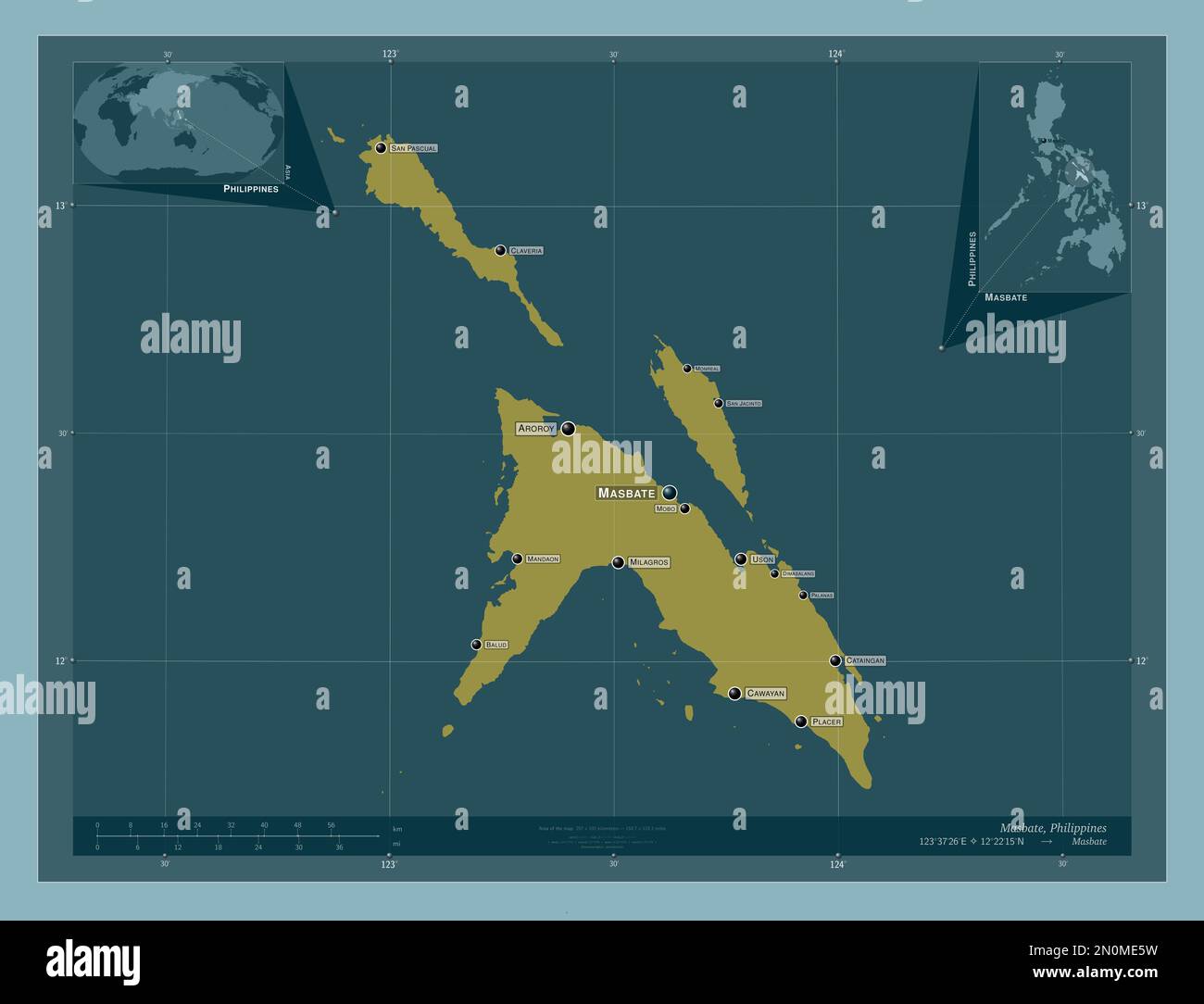 Masbate, province of Philippines. Solid color shape. Locations and names of major cities of the ...