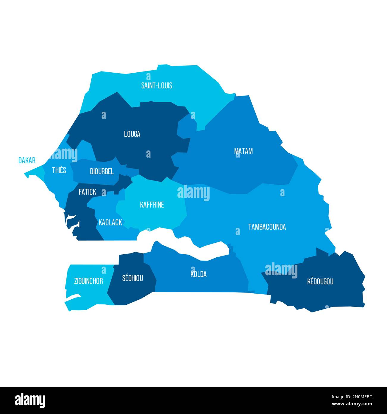 Senegal political map of administrative divisions - regions. Flat blue vector map with name ...