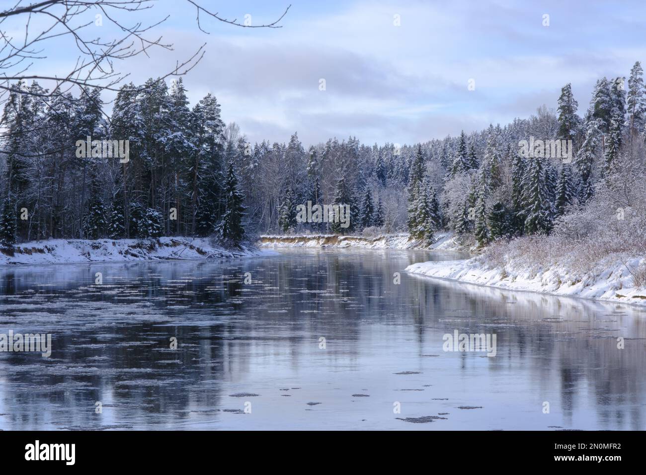 Latvia's longest river. Landscape with river in winter, river bank ...