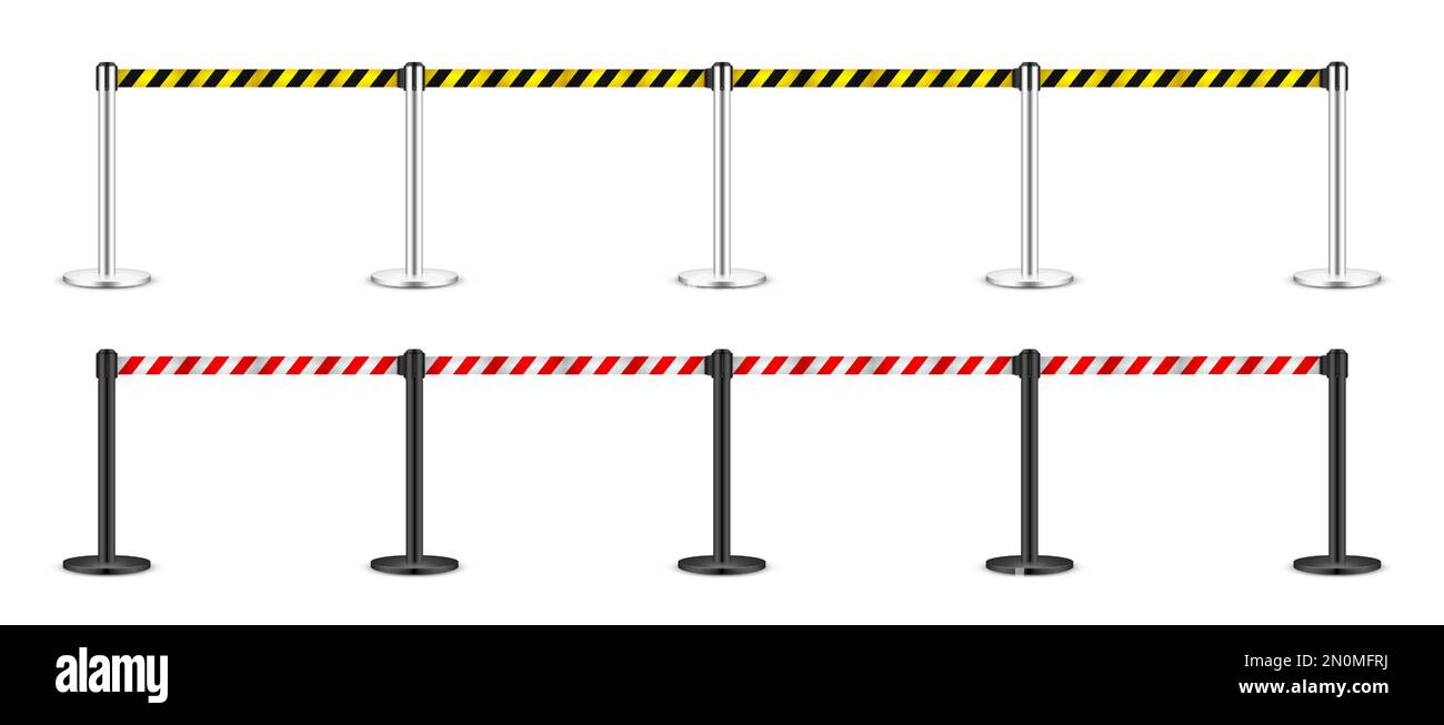 Realistic yellow and red retractable belt stanchion. Crowd control ...