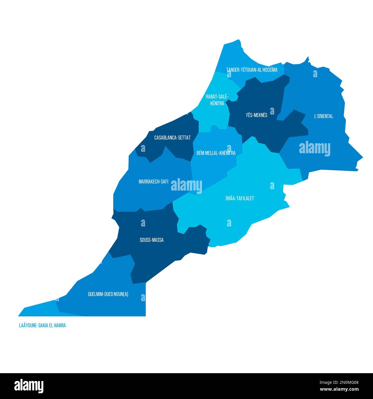 Morocco political map of administrative divisions - regions. Flat blue ...