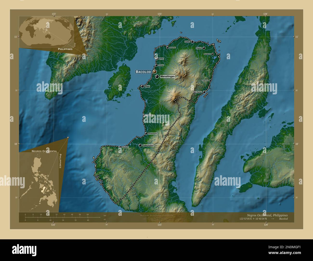 Negros Occidental, province of Philippines. Colored elevation map with ...