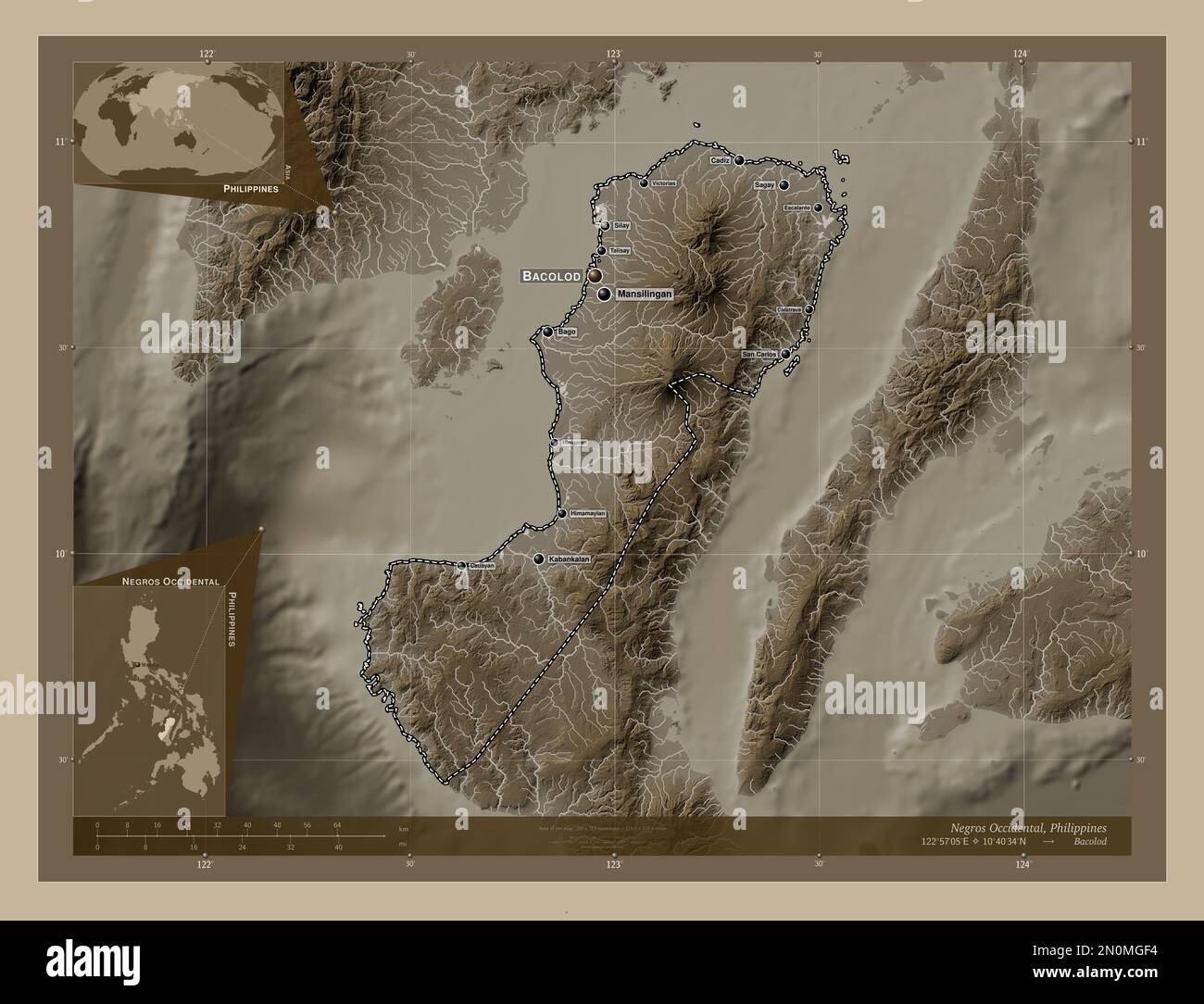 Negros Occidental, province of Philippines. Elevation map colored in ...