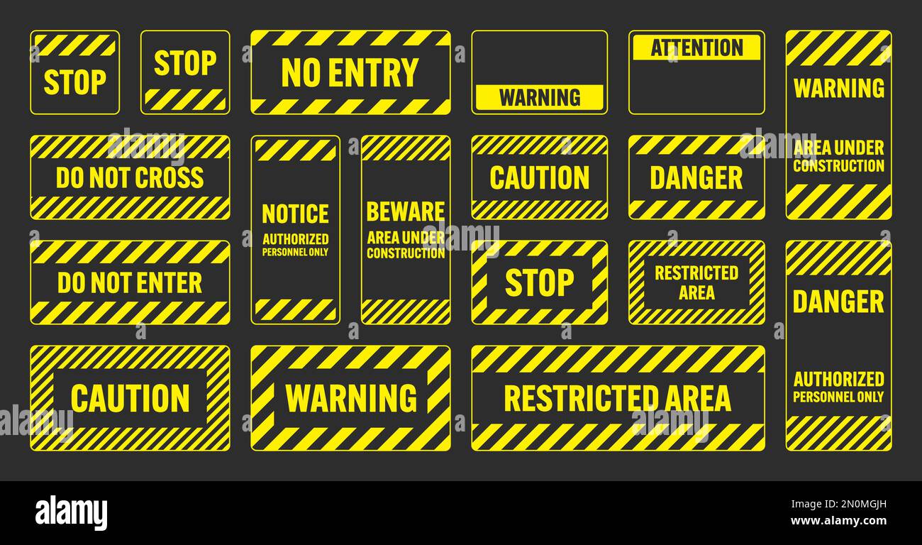 Various yellow warning signs with diagonal lines. Attention, danger or ...