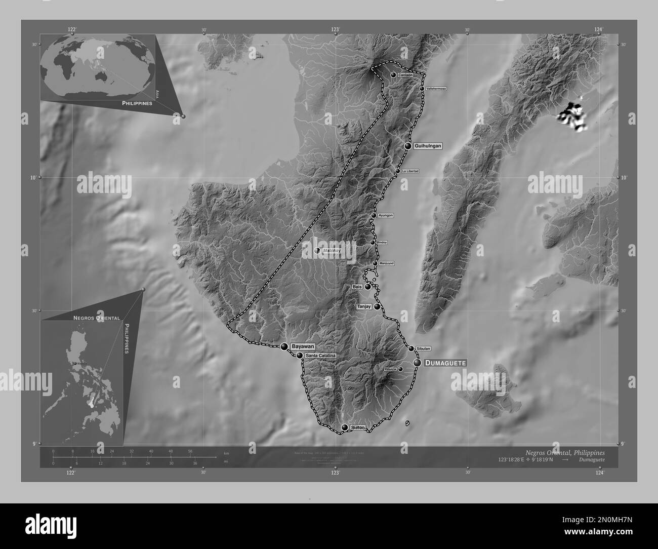 Negros Oriental, province of Philippines. Grayscale elevation map with ...