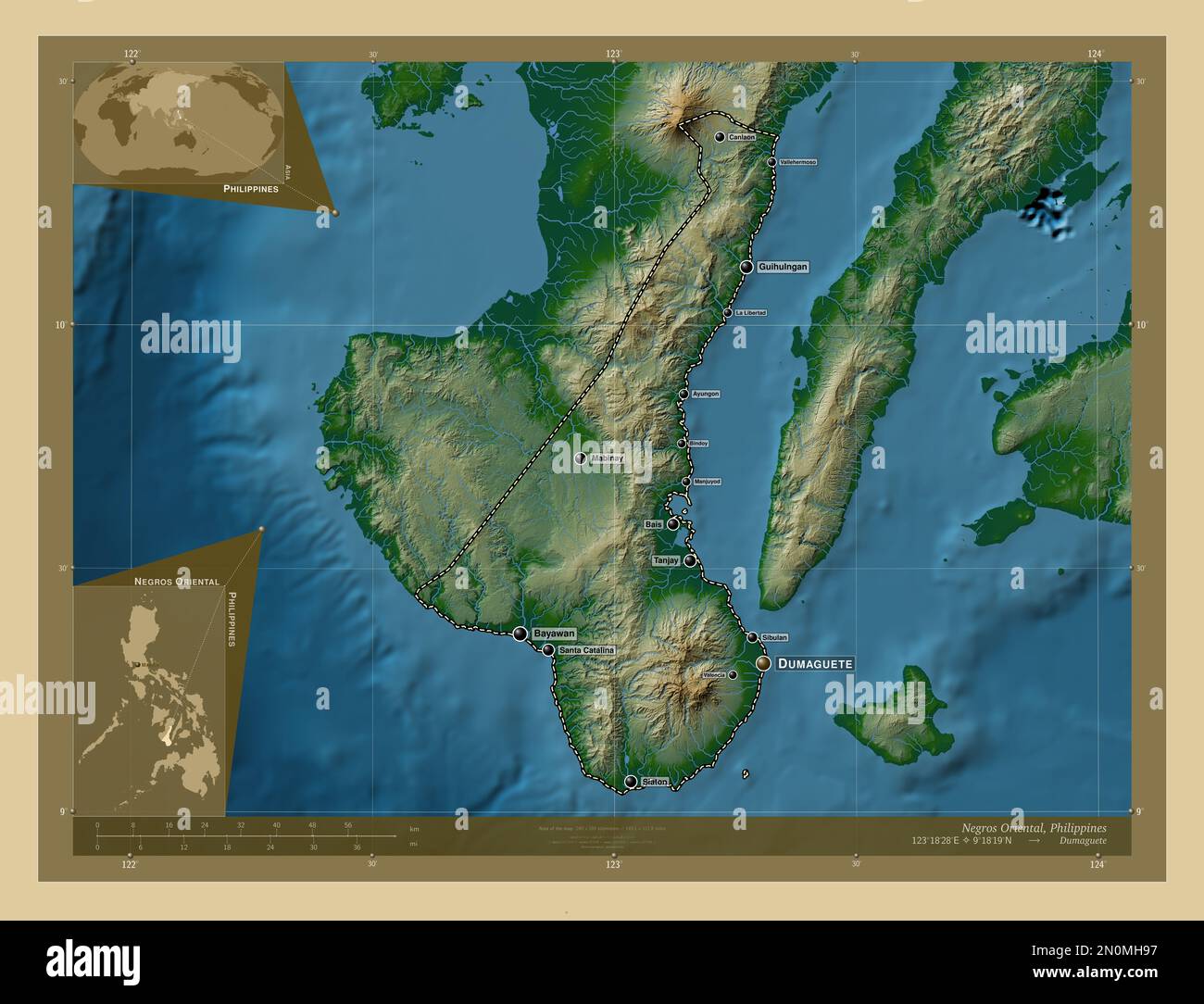Negros Oriental, province of Philippines. Colored elevation map with ...