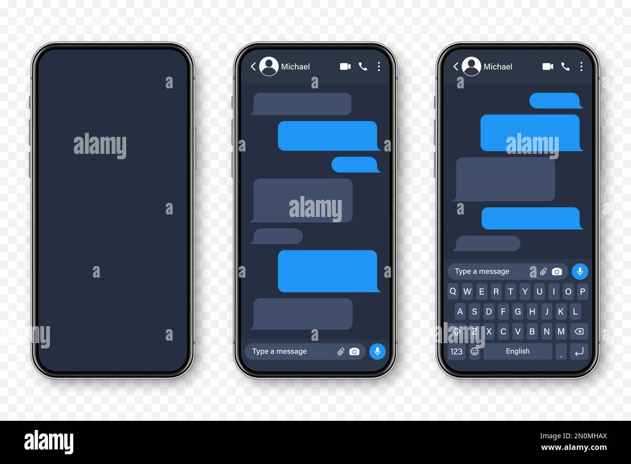 Realistic smartphone with messaging app. Blank SMS text frame ...