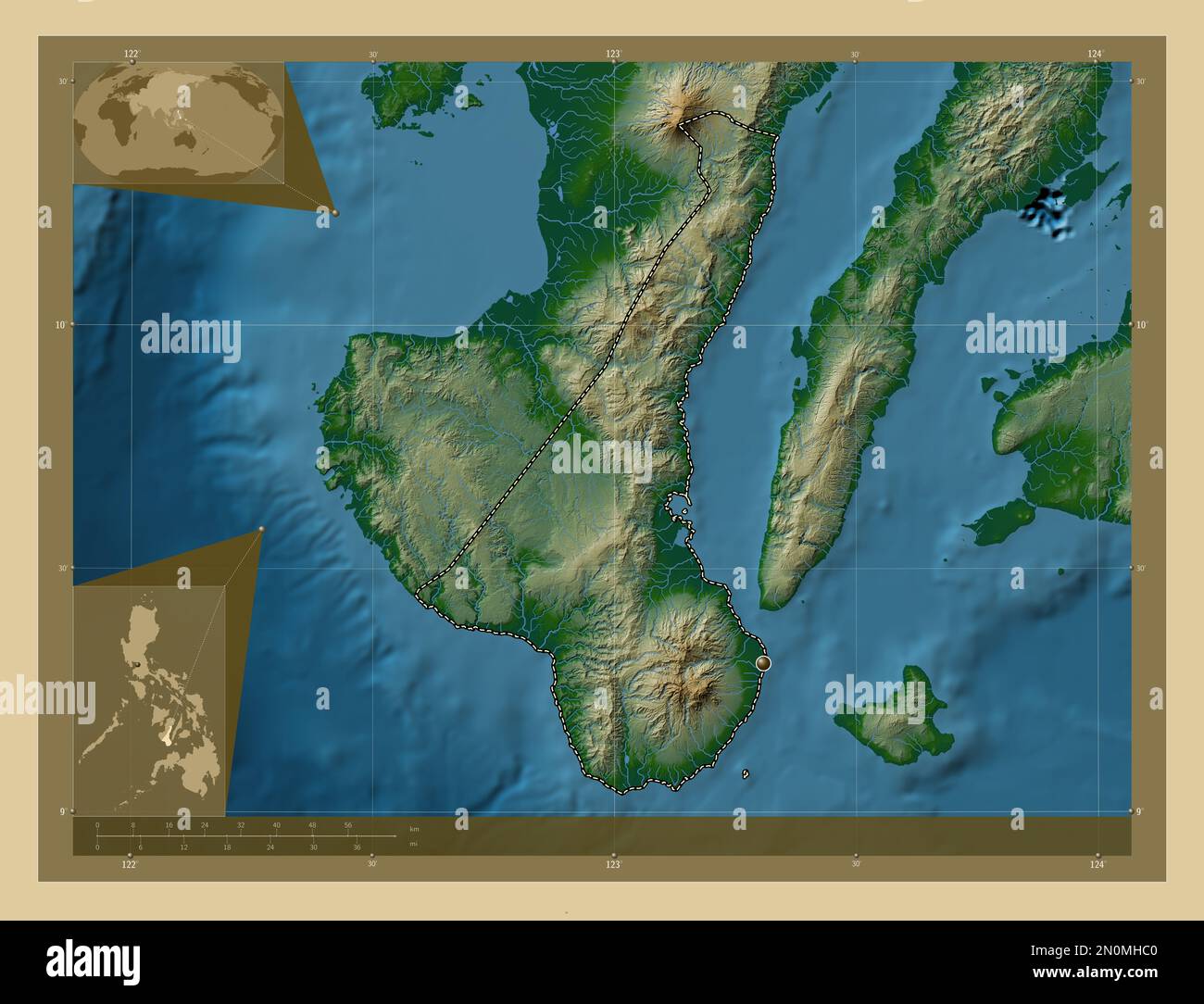 Negros Oriental, province of Philippines. Colored elevation map with lakes and rivers. Corner ...